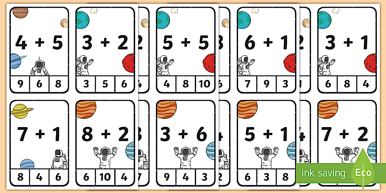 Space Themed Addition to 10 Peg Activity (teacher made)