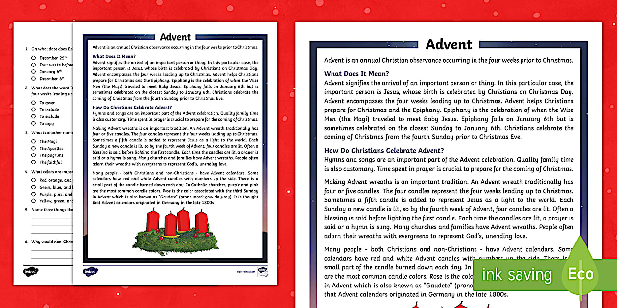 Fifth Grade Advent Reading Comprehension Worksheet - Twinkl
