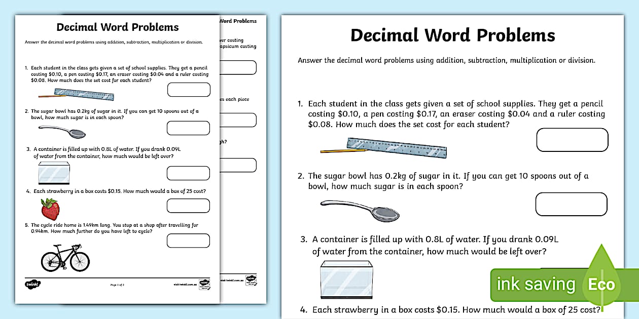 Decimal Word Problems Worksheet | Year 6 Maths | Twinkl
