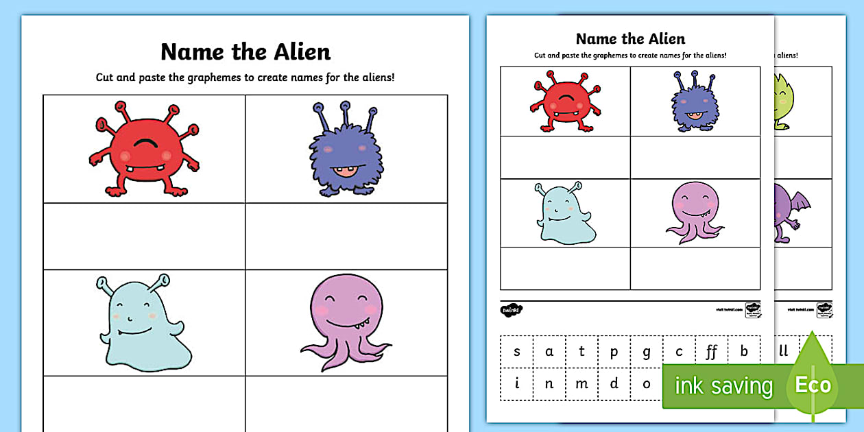 Editable Phase 2 Phonics Name the Alien Cut and Stick Activity