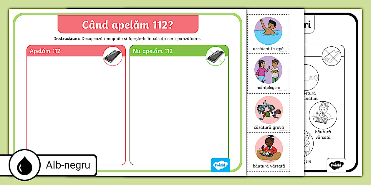 Când apelăm 112? – Activitate de sortare - Twinkl