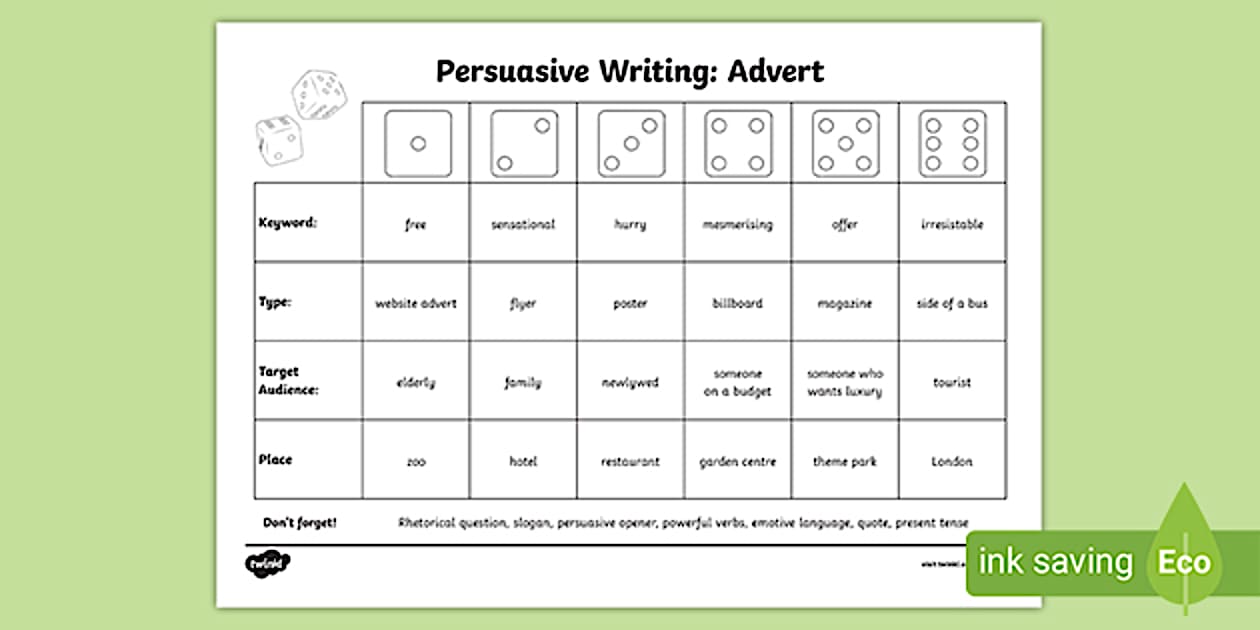Editable Persuasive Writing Advert Dice Activity - Twinkl