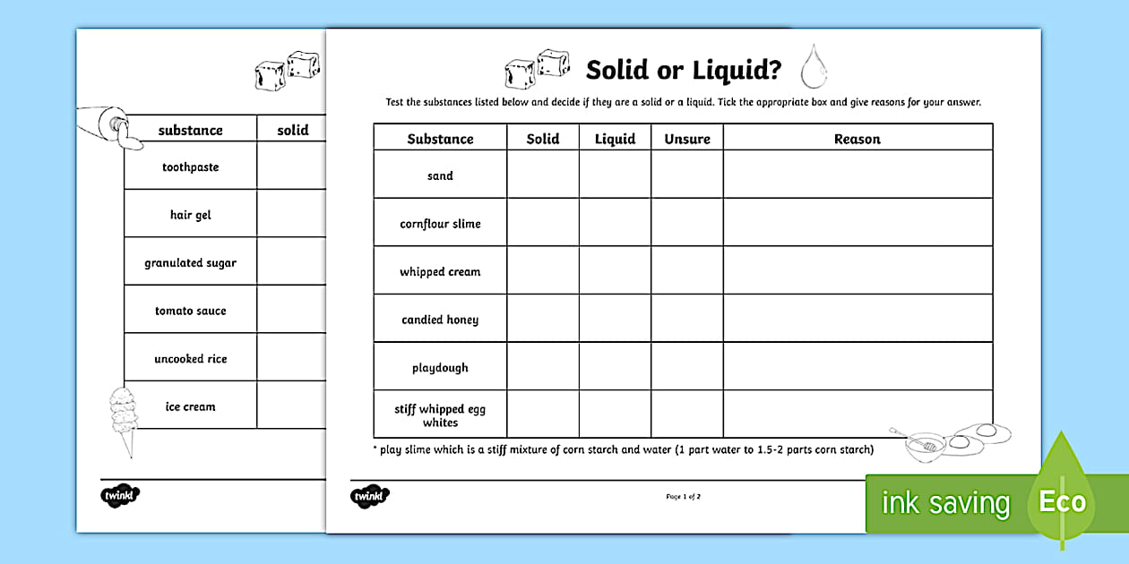 Solid or Liquid? Worksheet - AC9S5U04 - Australia - Twinkl