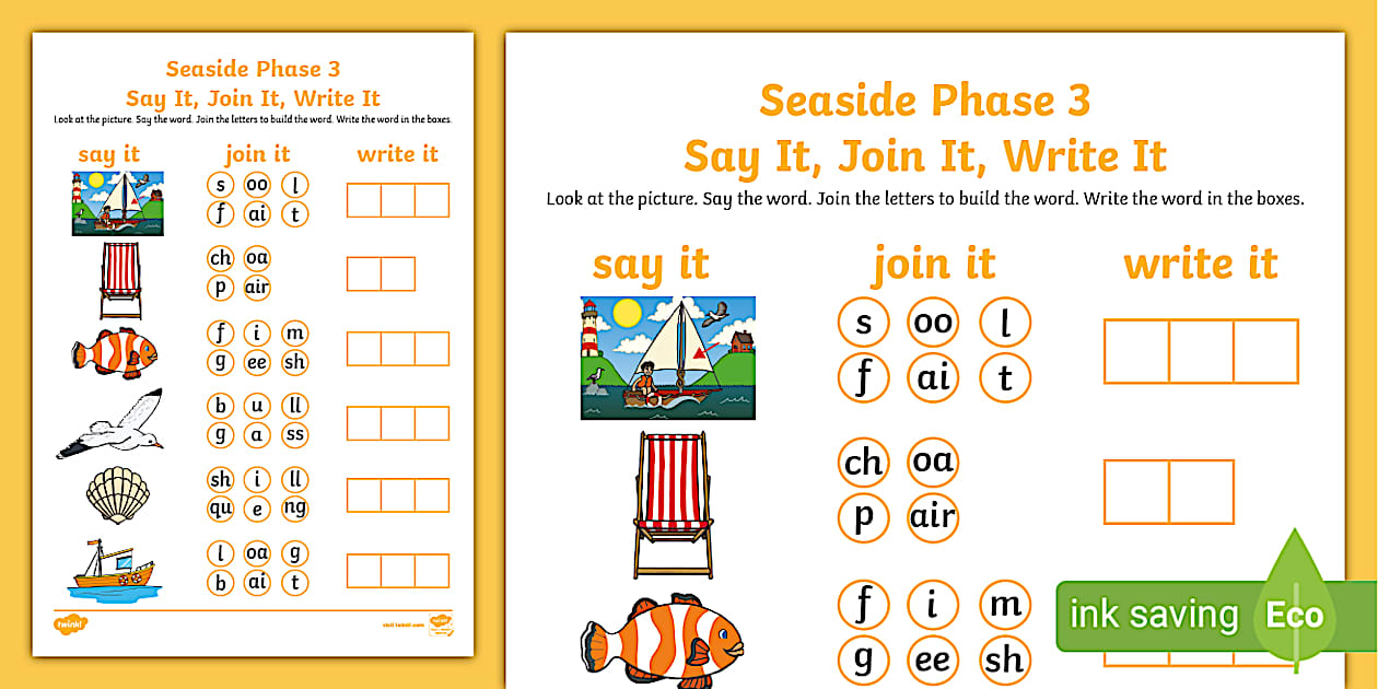 Seaside Phase 3 Say It, Join It, Write It Activity - Twinkl