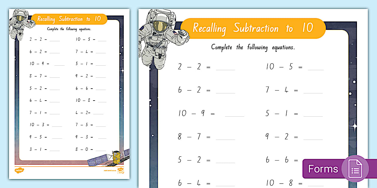 Stage 4 Recalling Subtraction to 10 (teacher made) - Twinkl