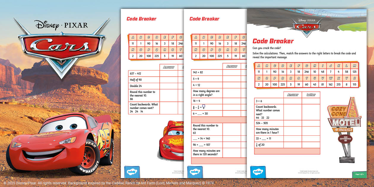 👉 Disney Cars Lightning McQueen Worksheets | Maths Ages 7-9