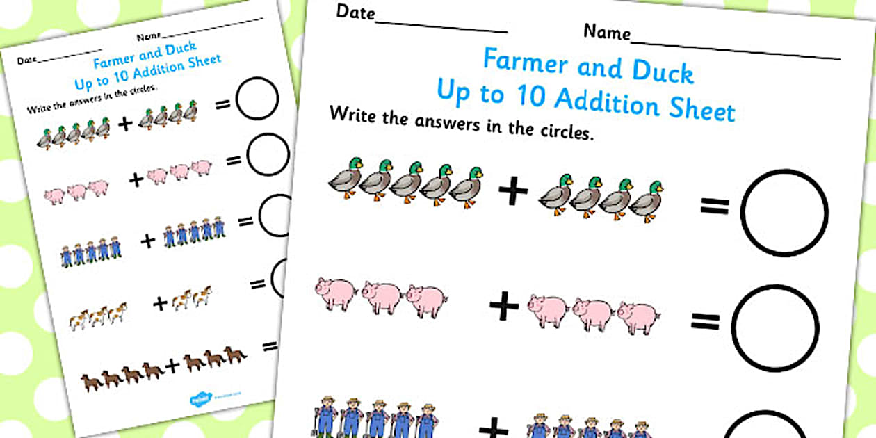 Farmer and Duck Up to 10 Addition Sheet (Teacher-Made)