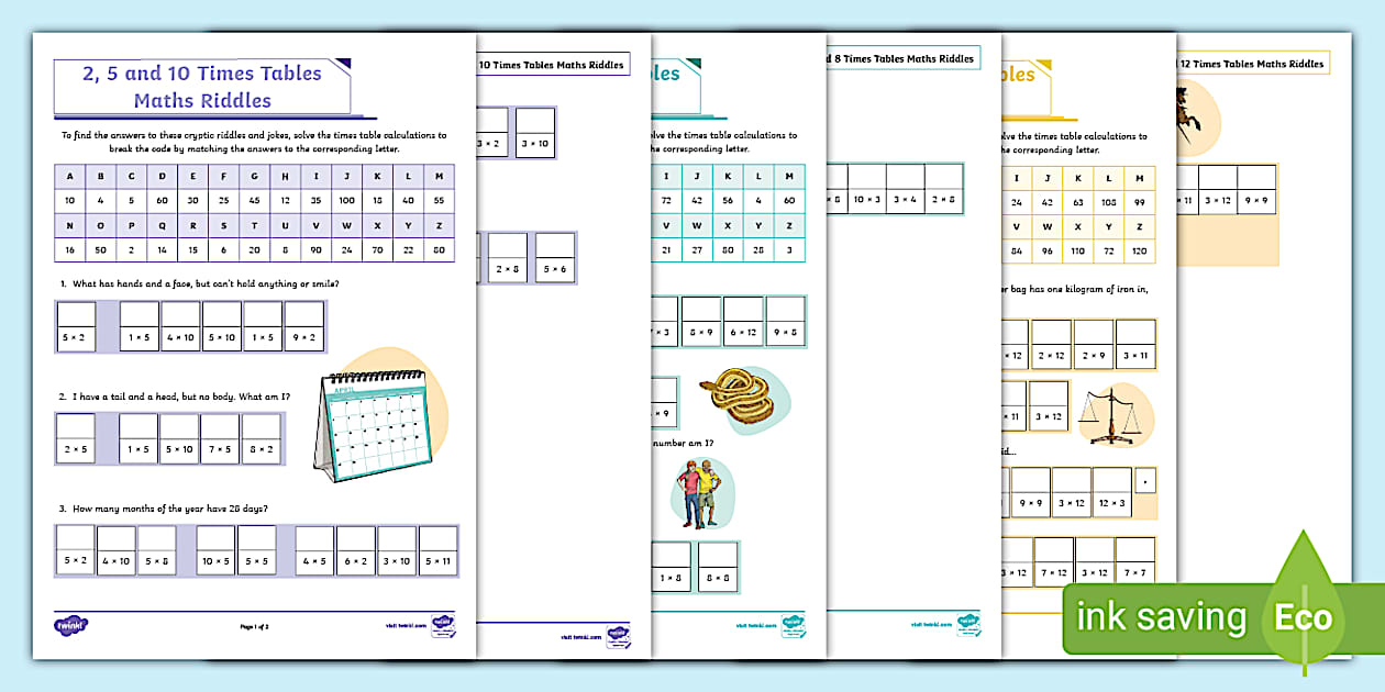 👉 2 to 12 Times Tables Riddles Activity Sheets - Twinkl