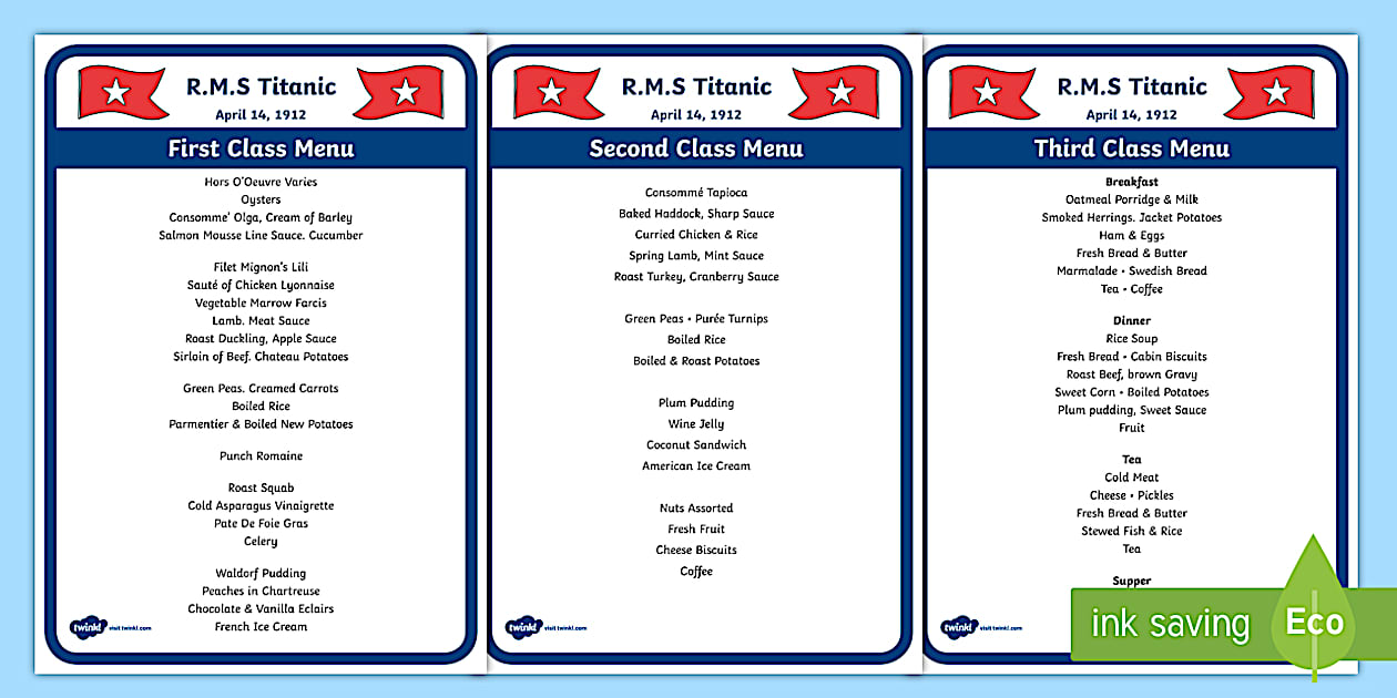 Titanic First Second And Third Class | Role Play Menus