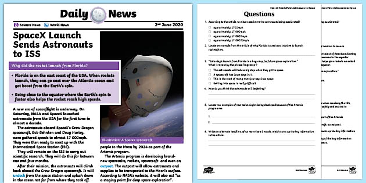 SpaceX Launch Astronauts to ISS Daily News Story (ages 9-11)