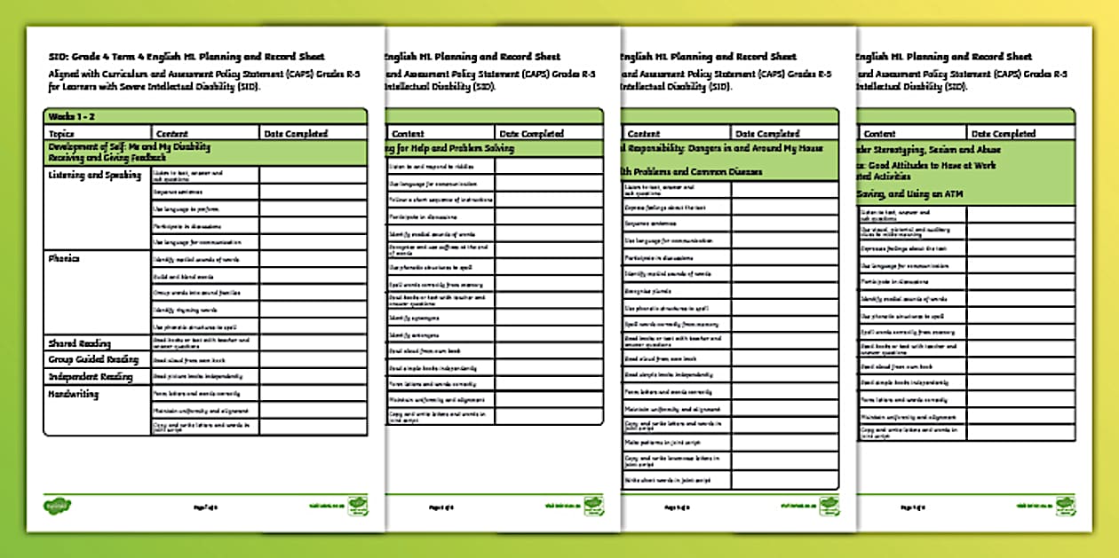 SID: Grade 4 Term 4 English HL Planning and Record Sheet