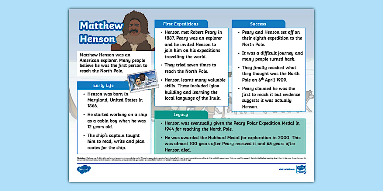 KS1 Matthew Henson Facts for Kids Fact File (teacher made)