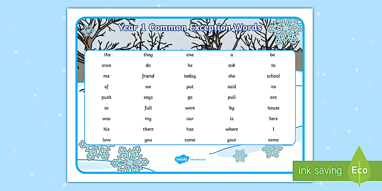 Year 1 Common Exception Words Winter Theme Word Mat - Twinkl