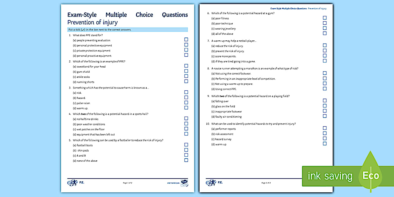 GCSE PE Exam-Style Multiple Choice Questions: Prevention of Injury