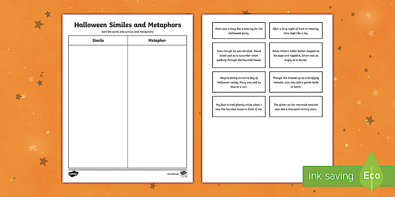 Editable Halloween Similes and Metaphors Sorting Activity Worksheet for