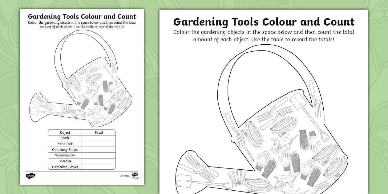 Gardening Tools Colour and Count Worksheet (teacher made)