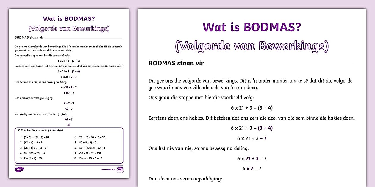 BODMAS | Volgorde van Bewerkings Werkkaart (teacher made)