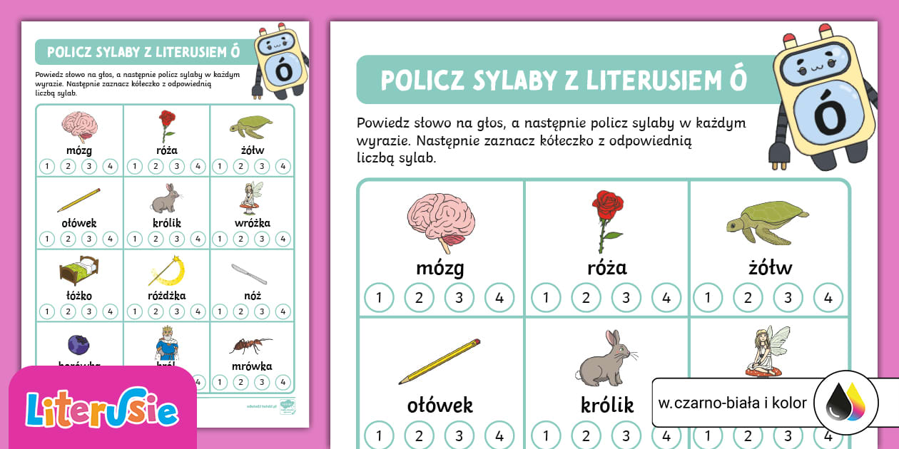 Literuś Ó | Policz sylaby w wyrazach z Ó | Karta pracy