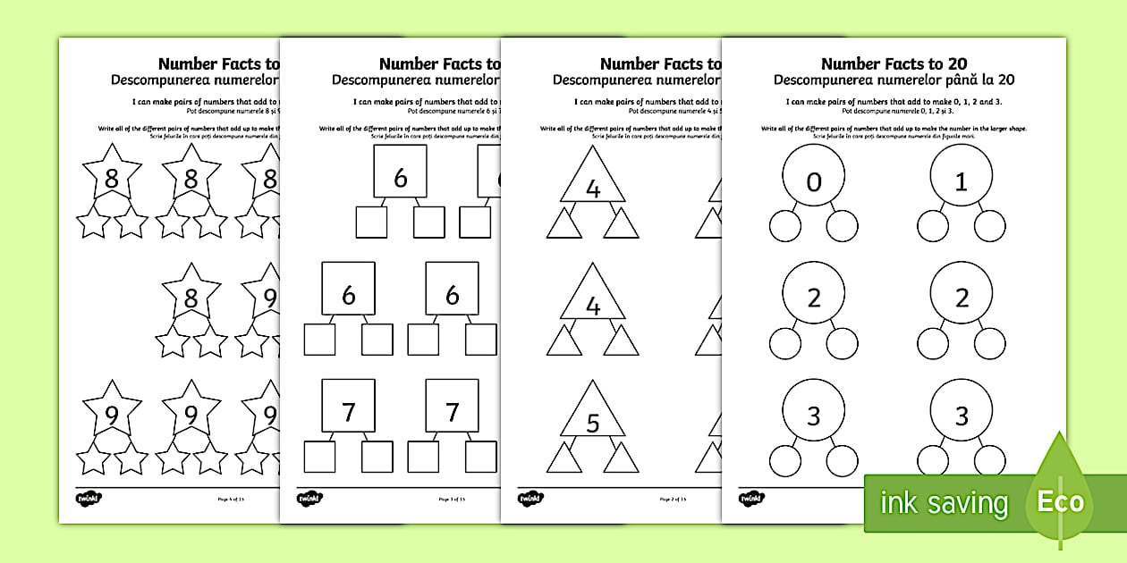 Number Facts to 20 Part Whole Worksheets English/Romanian - Number ...