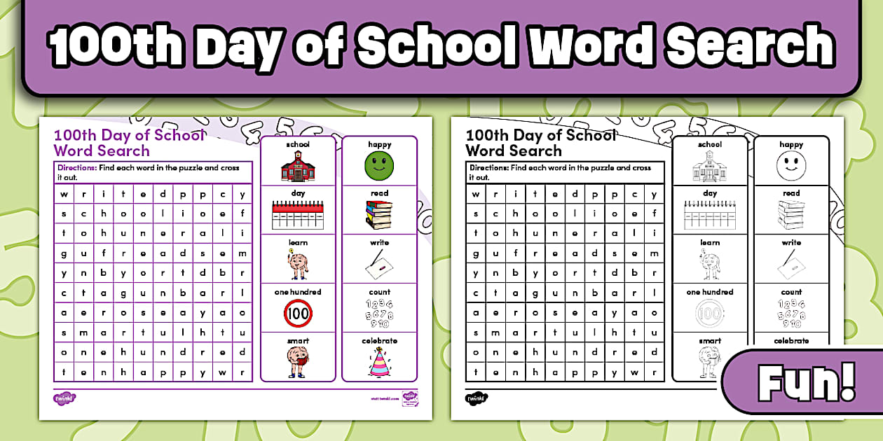 100th Day of School Word Search for Special Education