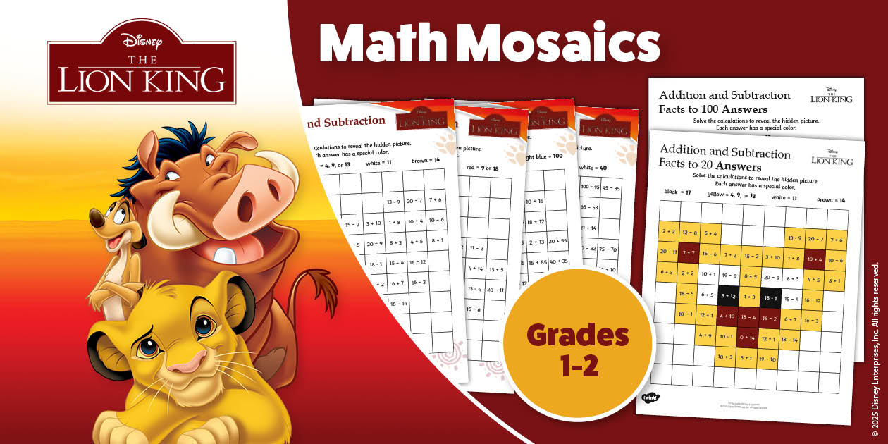 The Lion King Addition and Subtraction Mosaic Worksheets