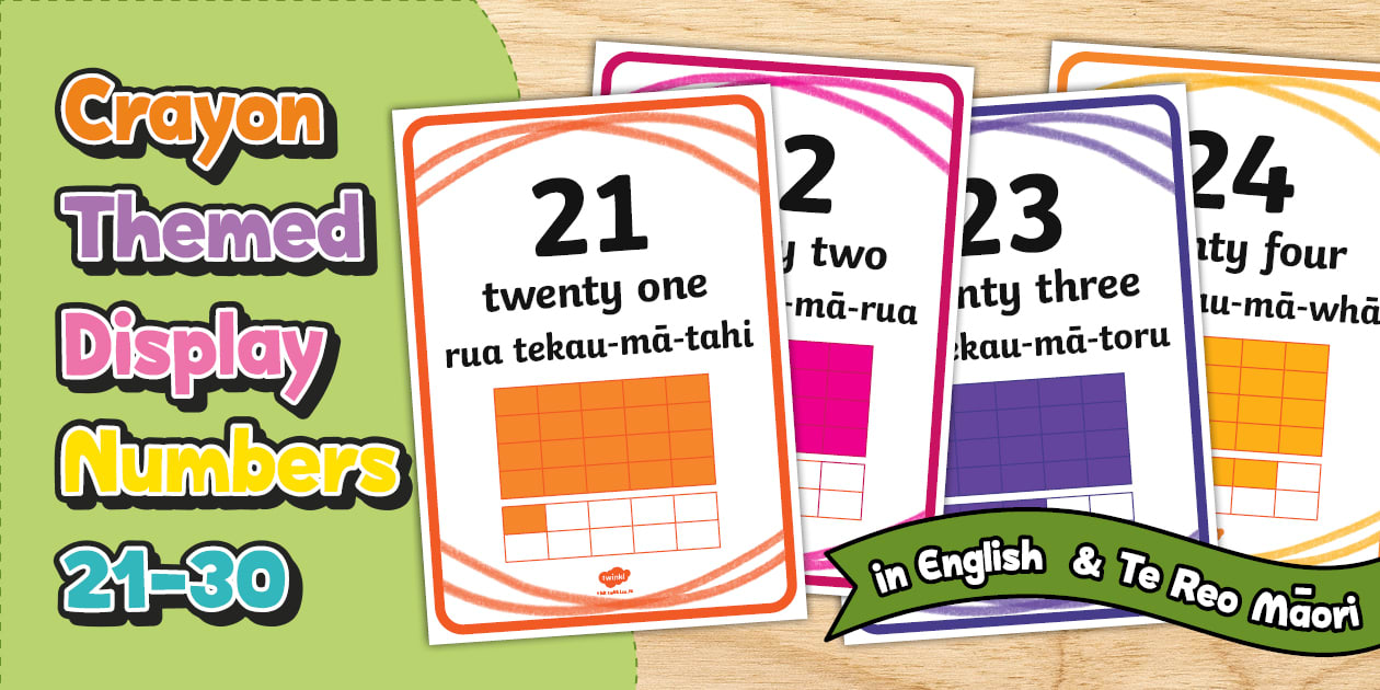 Crayon-Themed Display Numbers Te Reo Māori 21-30