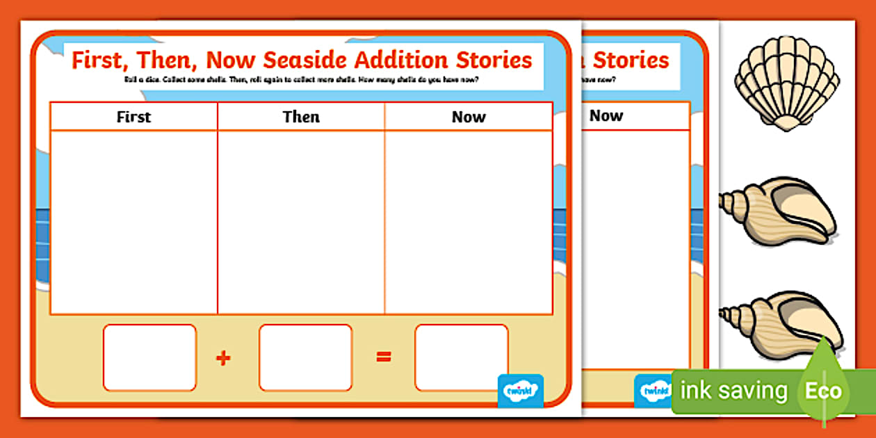 👉 Seaside-Themed First, Then, Now Addition Stories Activity