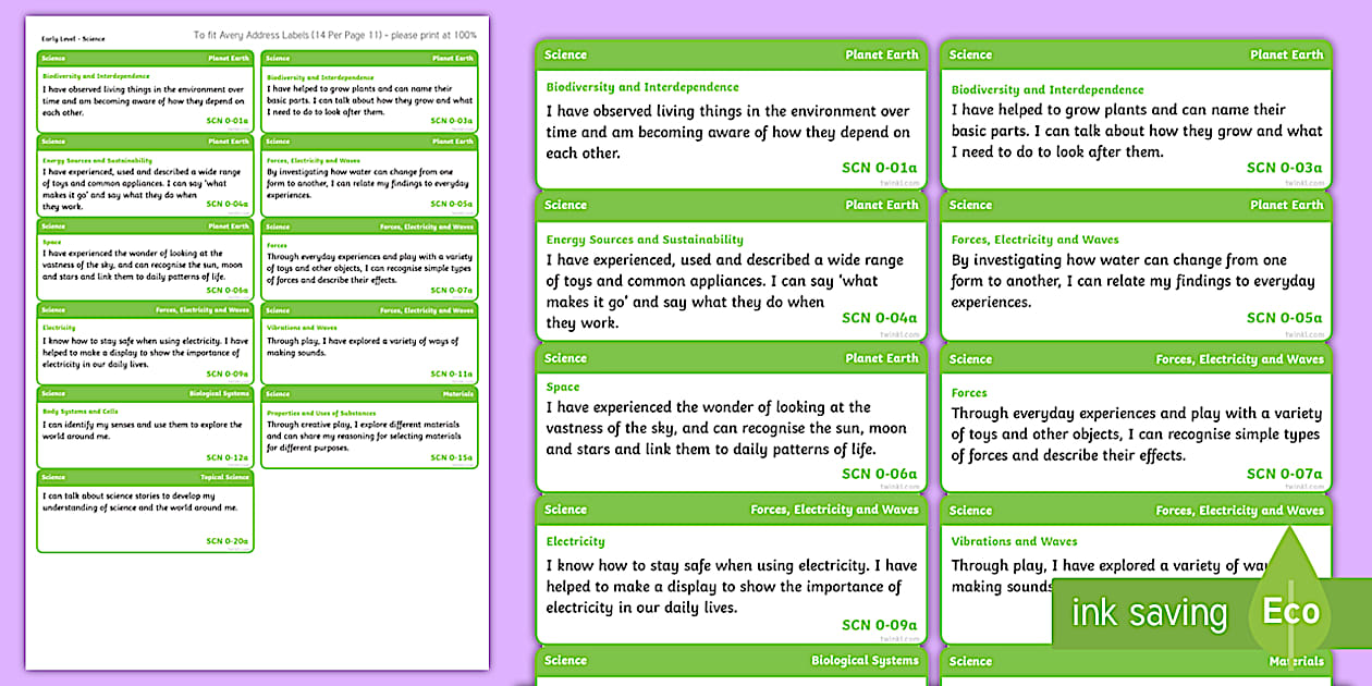 Editable CfE Early Level Science Experiences and Outcomes Stickers