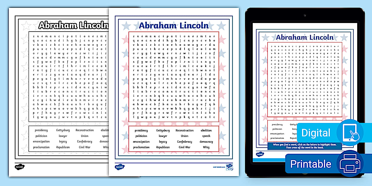 Abraham Lincoln Word Search for 6th-8th Grade (teacher made)