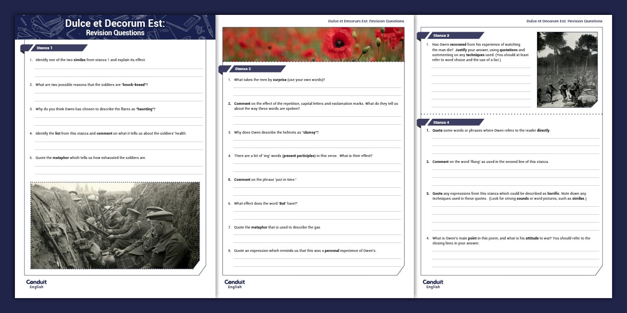 Dulce et Decorum Est: Revision Questions (teacher made)