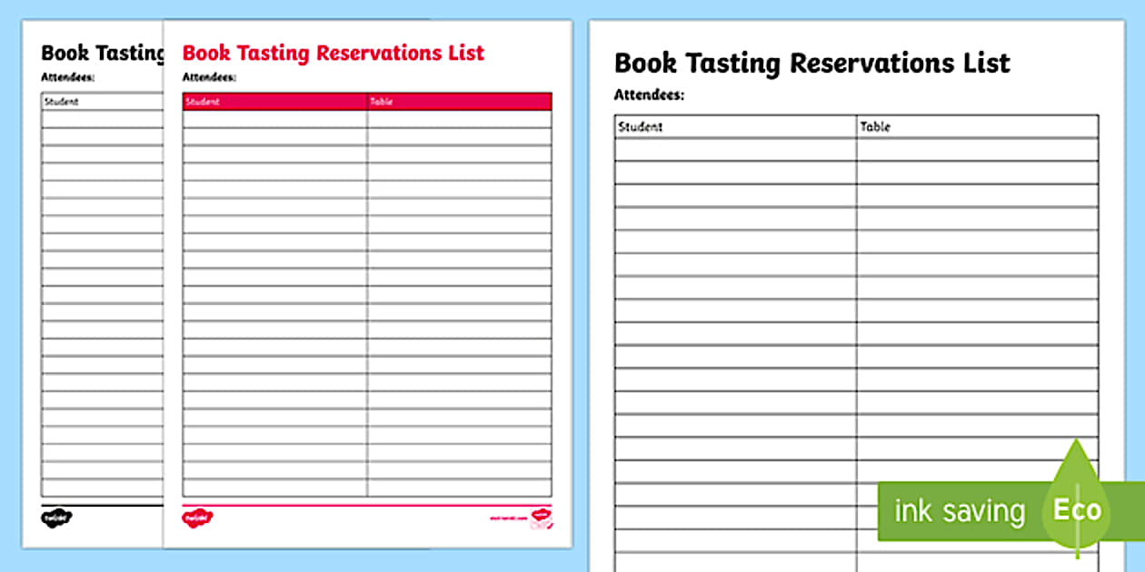 Book Tasting Reservations List (teacher made) - Twinkl
