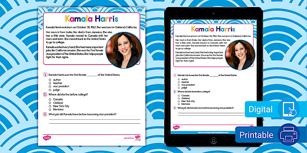 First Grade Kamala Harris Reading Passage Comprehension Activity