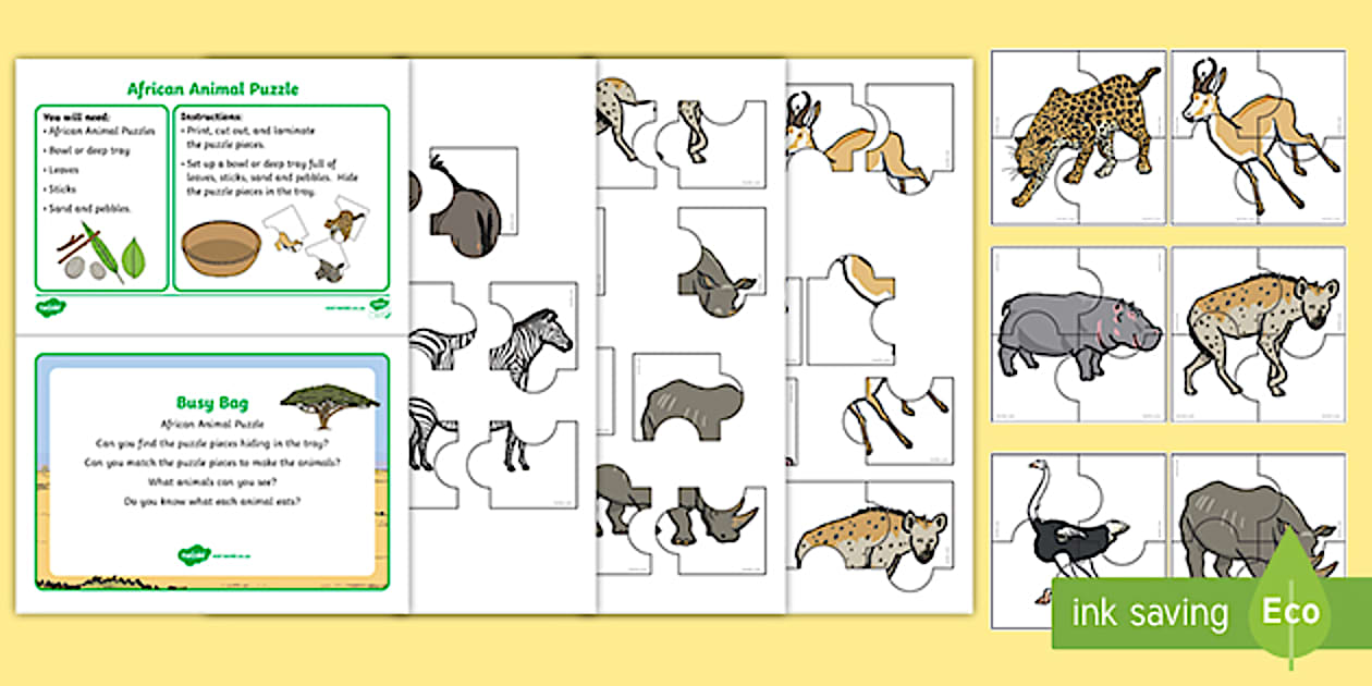 African Animal Puzzle Busy Bag Prompt Card and Resource Pack