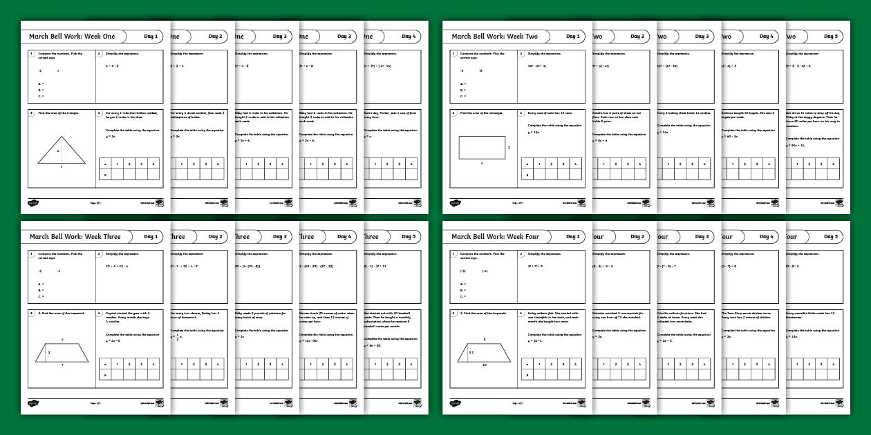 Sixth Grade Math March Bell Work Bundle - Twinkl