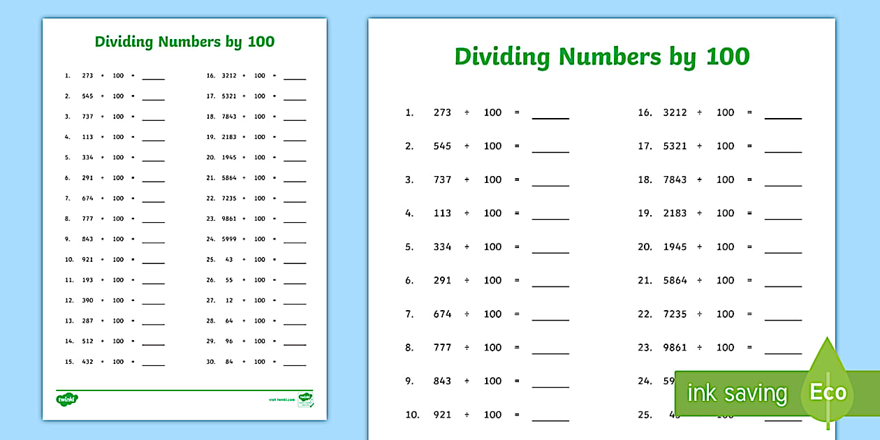 Dividing Numbers by 100 Worksheet - Twinkl