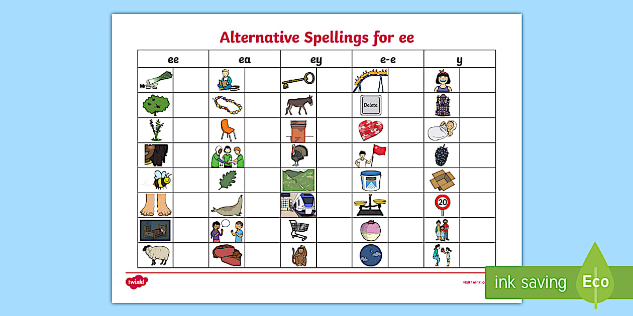 Editable Alternative Spellings ee, ey and e-e Table Worksheet