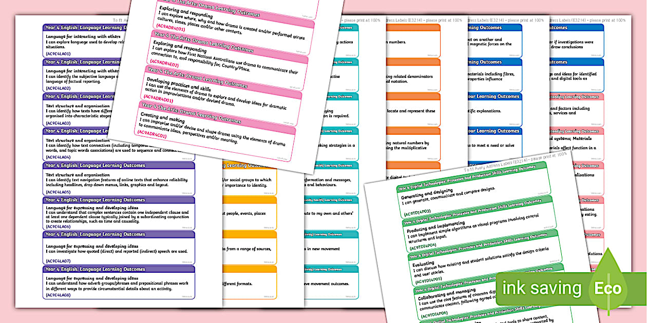 Australian Curriculum Year 4 Learning Outcomes Labels