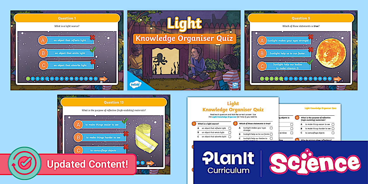 Science: Light: Year 3 Knowledge Organiser Quiz Pack