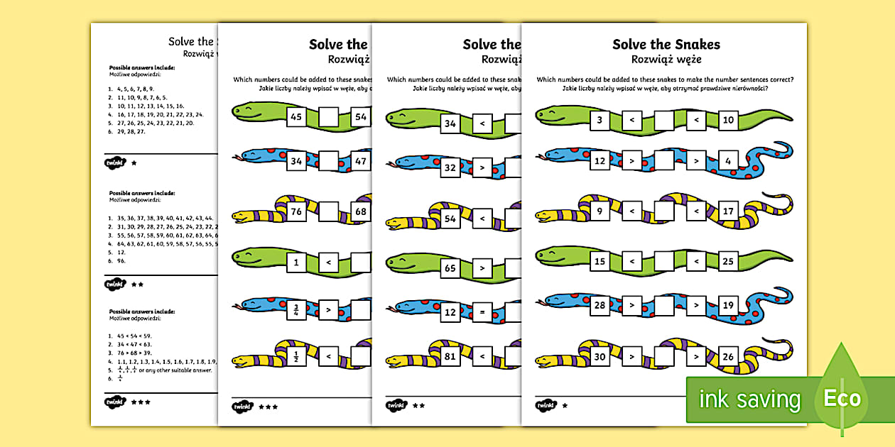 Black and White Solve the Snakes Worksheets English/Polish