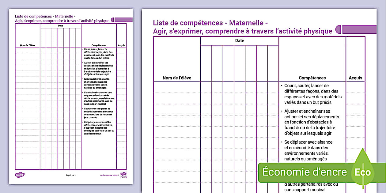 Liste de compétences - Maternelle - l'activité physique