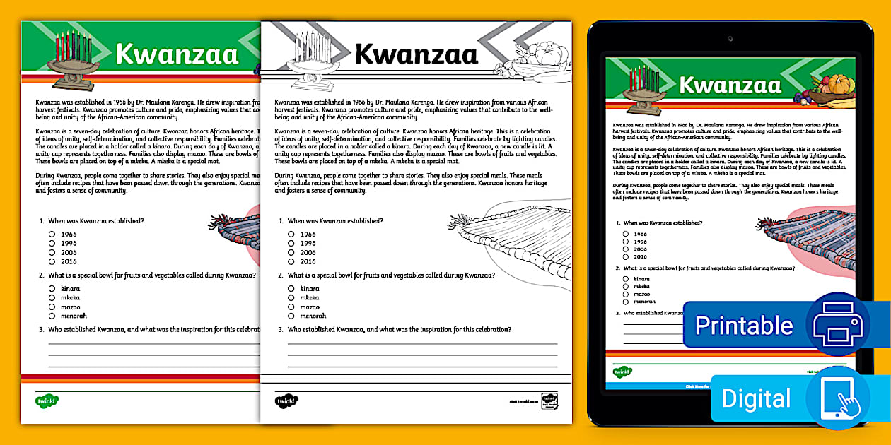 Kwanzaa Reading PDF Comprehension Worksheet | Twinkl USA