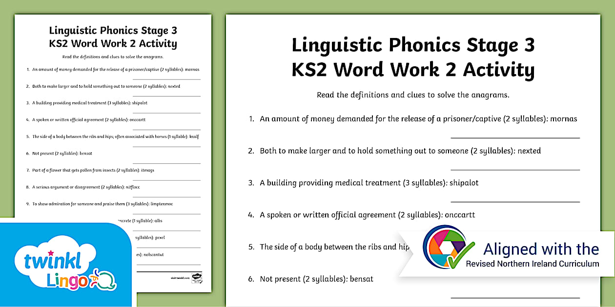 Linguistic Phonics Stage 3 KS2 Word Work 2 Activity Sheet