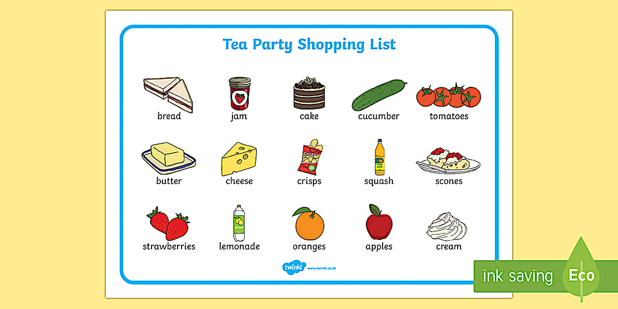 Tea Party Shopping List Word Mat - Twinkl