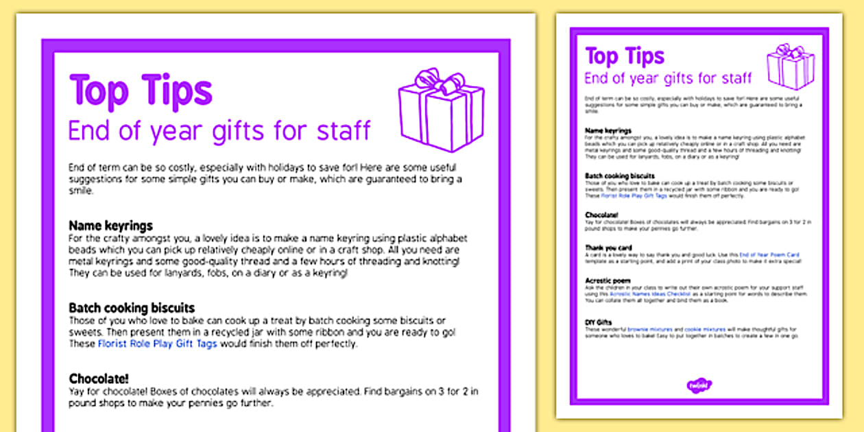 Editable End of Year Gifts for Staff Top Tips (teacher made)