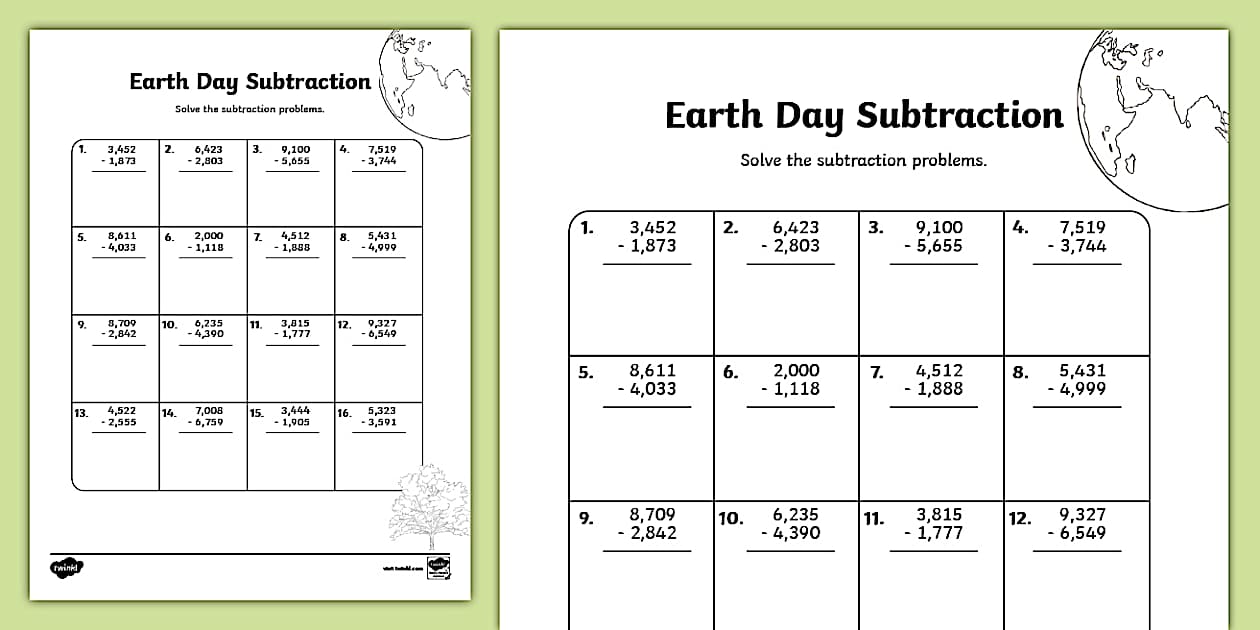 Fourth Grade Earth Day Subtraction Worksheet (Teacher-Made)