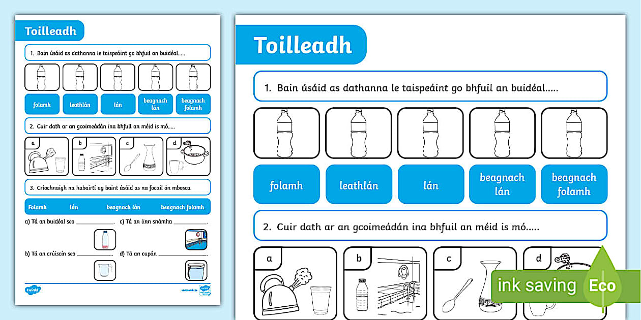 Capacity Activity Sheet Gaeilge 1st/2nd Class Maths
