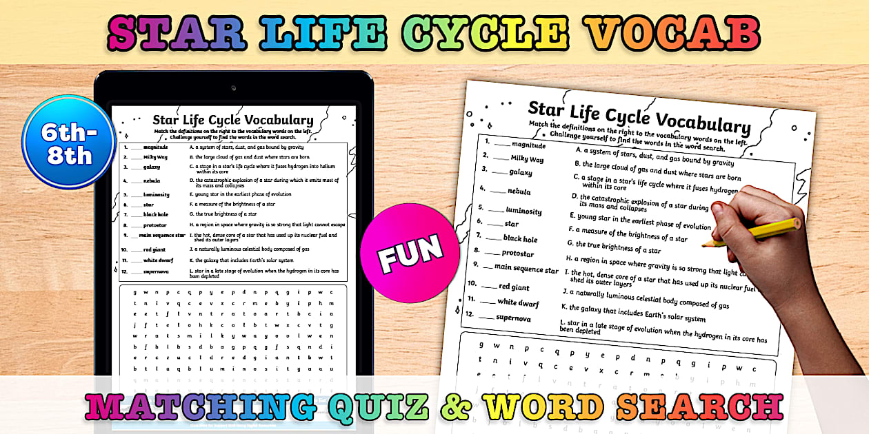 Star Life Cycle Vocabulary Matching Quiz and Word Search