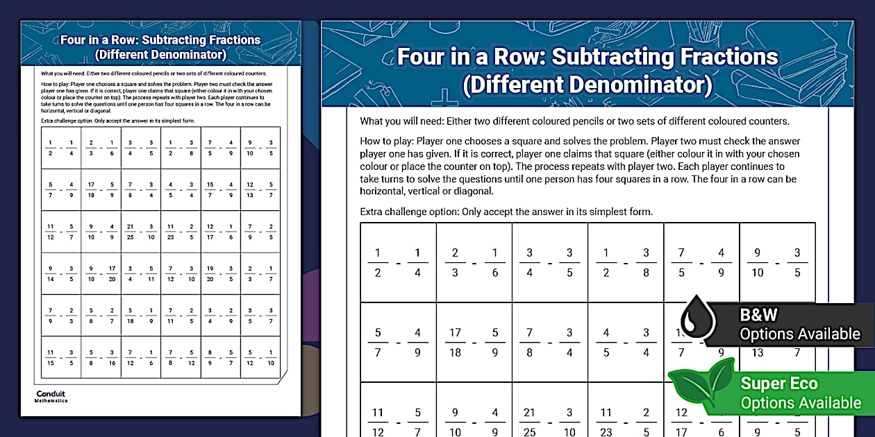Four in a Row: Subtracting Fractions (teacher made) - Twinkl