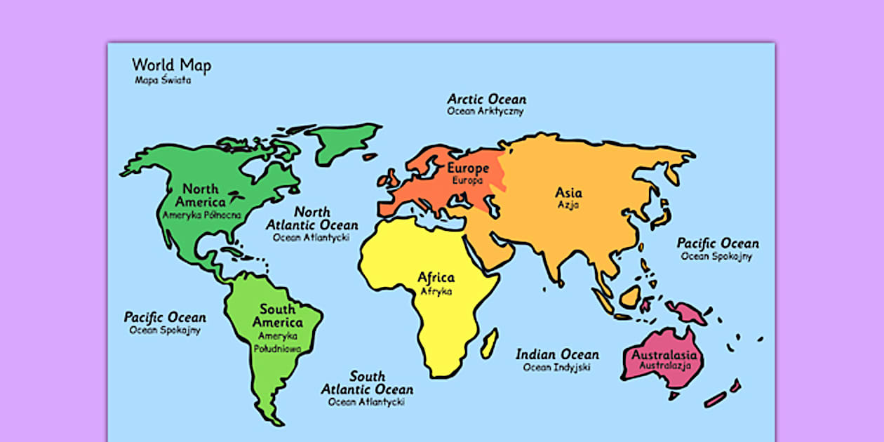 Black and White World Map With Names Polish Translation
