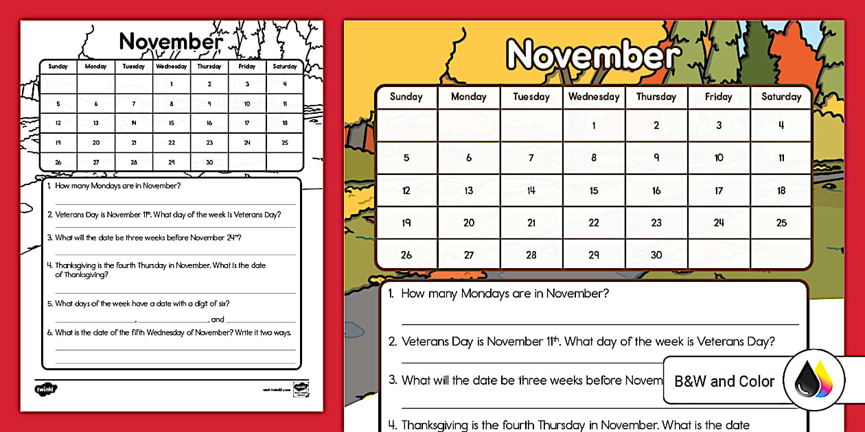 November Reading a Calendar Activity for K-2nd Grade